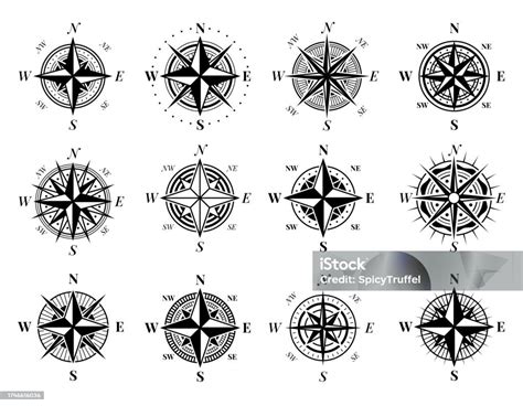 나침반 아이콘 세트입니다 바람 장미 아이콘입니다 북쪽 남쪽 서쪽 및 동쪽 방향의 빈티지 항해 나침반 기호 항법 장비 실루엣 지도 기호 벡터 지도 제작 격리 요소 디자인