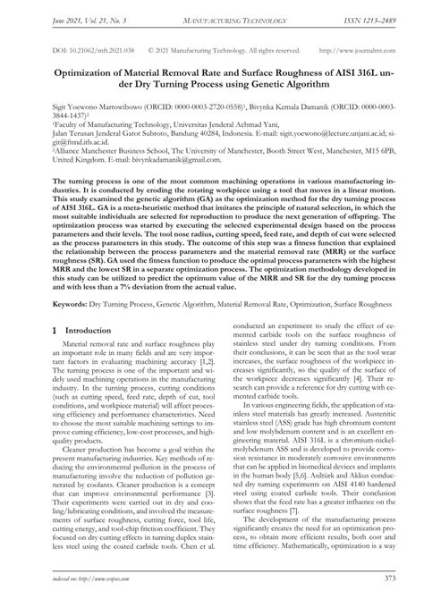 Pdf Optimization Of Material Removal Rate And Surface Roughness Of Aisi 316l Under Dry Turning