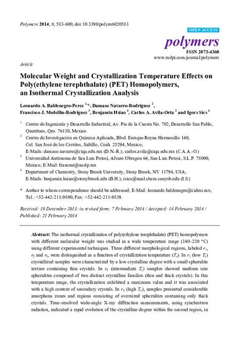 Pdf Molecular Weight And Crystallization Temperature Effects On Poly Ethylene Terephthalate