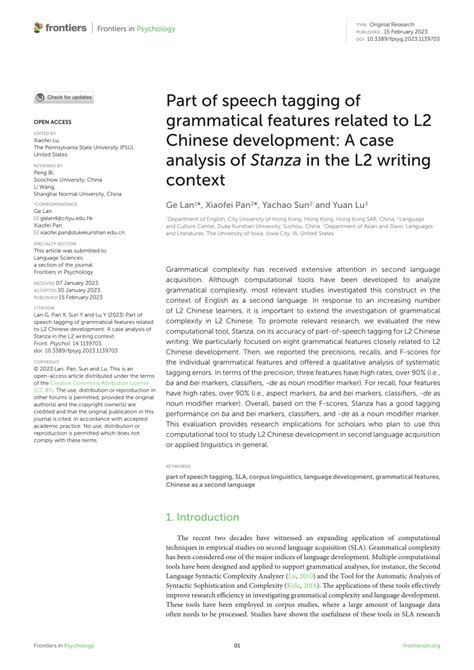 Pdf Part Of Speech Tagging Of Grammatical Features Related To L2 Chinese Development A Case