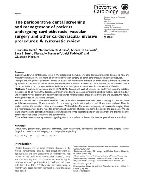 Pdf The Perioperative Dental Screening And Management Of Patients Undergoing Cardiothoracic