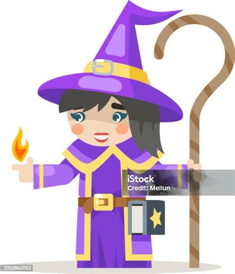 마법사 여자 마법사 사냥꾼 Wisewoman 여성 판타지 중세 액션 롤플레잉 게임 캐릭터 애니메이션 준비 벡터 일러스트 레이 션 계층 2차 도형에 대한 스톡 벡터 아트 및