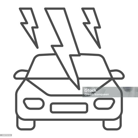 번개 충격 자동차 차량 얇은 선 아이콘 보험 이벤트 개념 벡터 그래픽 흰색 배경에 번개 표시에 의한 자동차 손상 모바일 또는 웹 디자인용 윤곽선 스타일 아이콘 거리에 대한