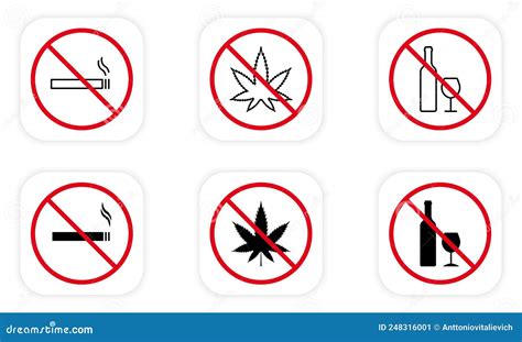 Alcohol Drug Smoke Ban Zone Black Icon Set Drink Alcohol Smoking Cigarette Narcotic