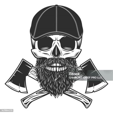 갱스터 개츠비 트위드 모자 플랫 캡 건설 벌목꾼 도끼 목공 서비스 수리 도구 벡터 일러스트 레이 션에 수염과 콧수염을 가진