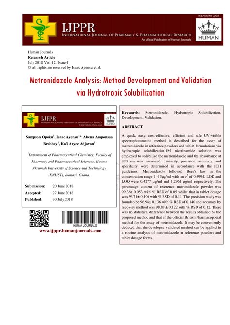 Pdf Metronidazole Analysis Method Development And Validation Via