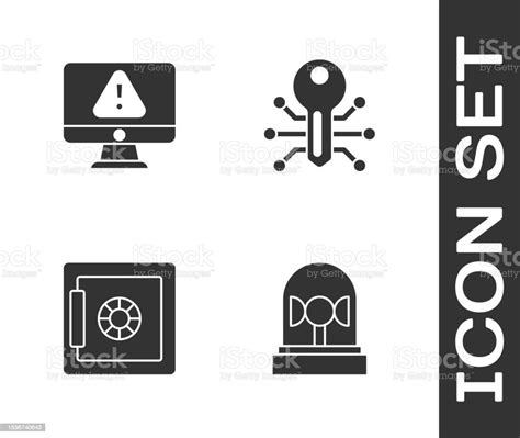 Set Flasher Siren Monitor With Exclamation Mark Safe And Smart Key Icon Vector Stock