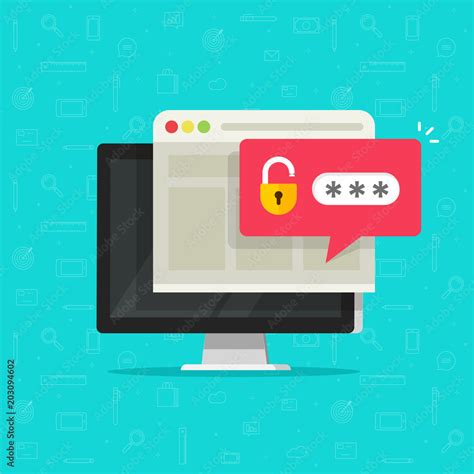 Desktop Computer With Unlocked Password Bubble Notification Flat Cartoon Pc Screen With Open