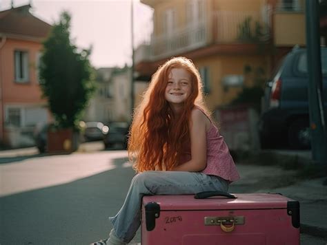 Premium Ai Image Redhaired Girl Sitting On A Suitcase Waiting On The