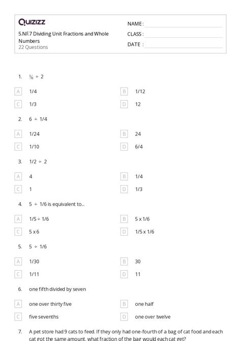50 Division With Unit Fractions Worksheets For 6th Year On Quizizz