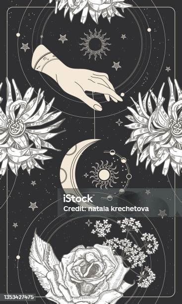 마법의 손 손 태양 초승달 별과 달 단계 조각 수직 배너 타로 카드 점성술 일러스트레이션 타로 카드에 대한 스톡 벡터 아트 및 기타 이미지 Istock