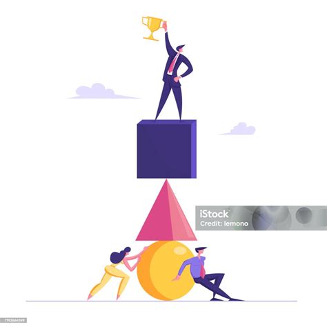 거대한 기하학적 인물의 피라미드를 구축 사업가 리더 스탠드 탑은 손에 황금 트로피를 보여줍니다 리더십 목표 달성 팀워크 협력 만화 플랫 벡터 일러스트 경영자에 대한 스톡