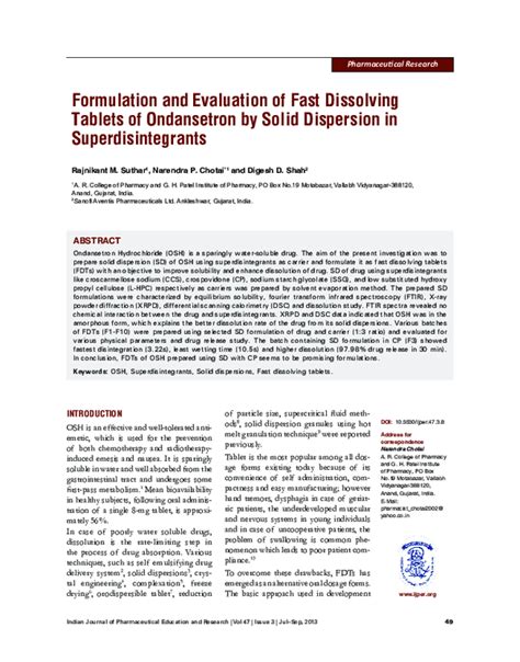 Pdf Formulation And Evaluation Of Fast Dissolving Tablets Of Ondansetron By Solid Dispersion