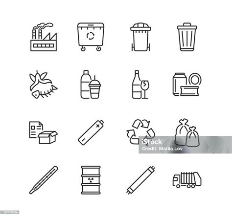 재활용 및 폐기물 라인 플랫 아이콘 세트의 정렬 쓰레기 정렬 벡터 일러스트 쓰레기 공장 쓰레기 트럭 방사성 쓰레기 편집 가능한 스트로크입니다 아이콘에 대한 스톡 벡터 아트