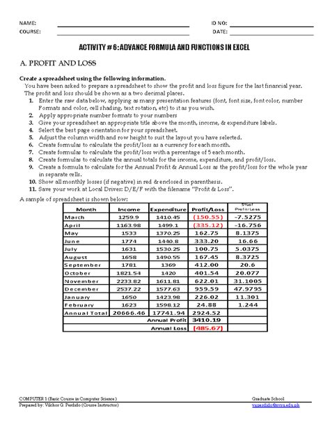 Activity 6 Formula And Functions In Excel Name Id No Course Date Computer 1 Basic Course