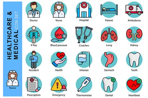 의료 아이콘 세트 의사 간호사 병원 등 색상이 지정된 윤곽선 아이콘 스타일입니다 건강 관리와 관련된 아이콘입니다 의료 요소 벡터 일러스트 레이 션 간호사에 대한 스톡 벡터