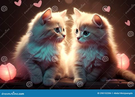 Romantic Scene Two Cute Kittens Are Surrounded By Symbols Of Love Stock Illustration