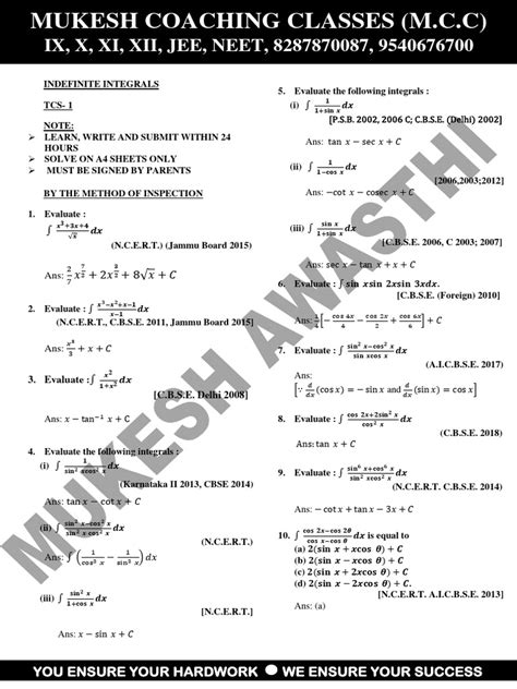 Indefinite Integrals Maths Tcs 12th Pdf Government Of India Educational Institutions