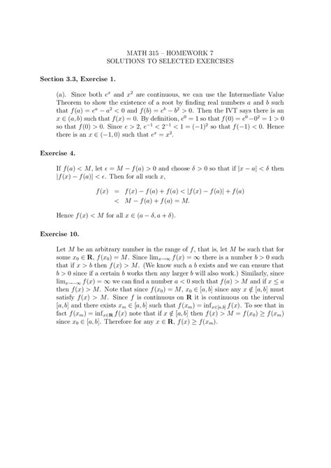 Solutions To Selected Exercises On Advanced Calculus I Homework 7 Math 315 Docsity