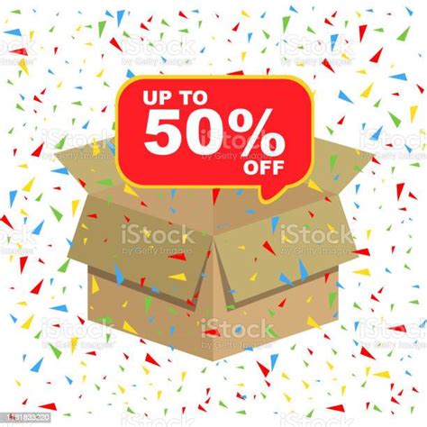판매 배너 할인 최대 50 레드 채팅 기호 배너 오프닝 상품 또는 제품 상자 판매 승진 이벤트에 고립 된 흰색 백 라운드 0명에 대한 스톡 벡터 아트 및 기타 이미지