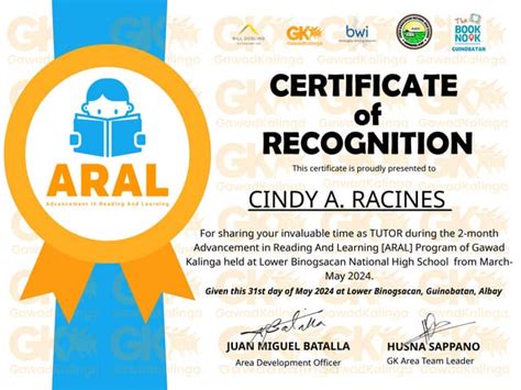 Certificate For Aral Volunteers 1 Pptx
