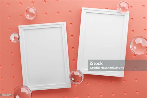두 프레임 세련된 모의 포스터 템플릿 유리 거품 신선하고 최소한의 3d 렌더링 핑크 배경 0명에 대한 스톡 사진 및 기타 이미지 Istock