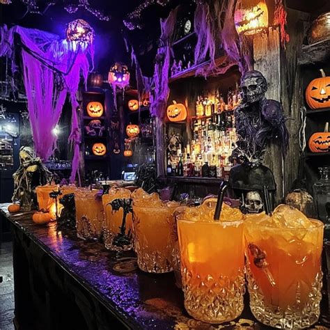 Creepy Cocktail Bar Setup With Halloweenthemed Drinks Premium Ai Generated Image