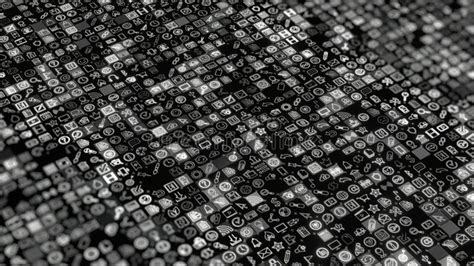 Monochrome Abstract Animation Of Neon Social Media Network Emojis Icons On The Black Background