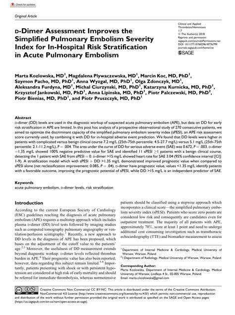 Pdf D Dimer Assessment Improves The Simplified Pulmonary Embolism