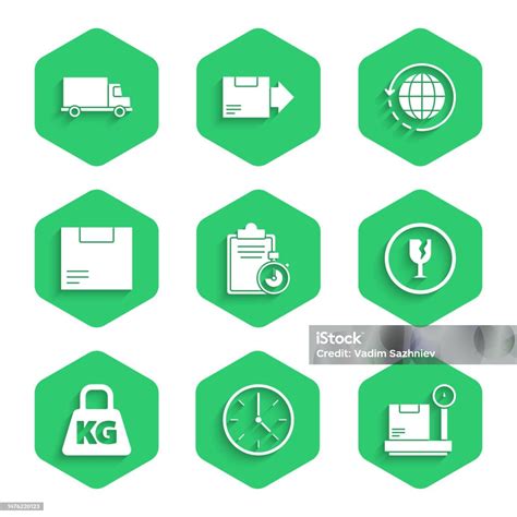 배달 목록 클립 보드 시계 골판지 상자가있는 스케일 깨지기 쉬운 깨진 유리 무게 판지 전세계 배송 및화물 트럭 차량 아이콘의 확인을 설정합니다 벡터 경계 표지에 대한 스톡
