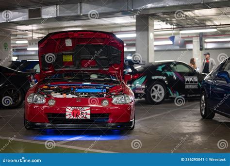 Modified Mugen Engine Of The Red Honda Cr X Del Sol Parked In The