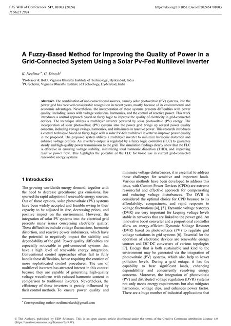 Pdf A Fuzzy Based Method For Improving The Quality Of Power In A Grid Connected System Using A