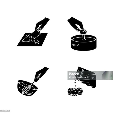공백에 설정된 블랙 글리프 아이콘을 요리 방법 음식 준비 요리 기술 실루엣 기호 절단 치즈 만들기 휘핑 크림과 사탕 만들기 벡터 고립 된 일러스트 개념에 대한 스톡 벡터