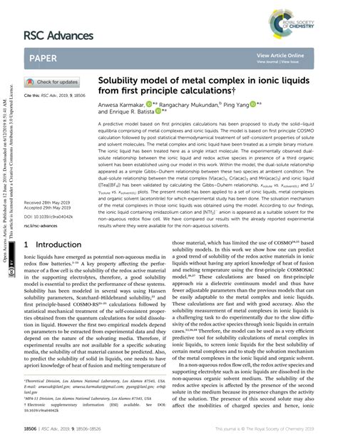 Pdf Solubility Model Of Metal Complex In Ionic Liquids From First