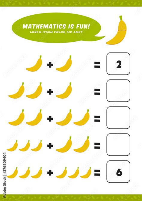 Preschool Addition Mathematics Learn Worksheet Activity Template With Cute Banana Illustration