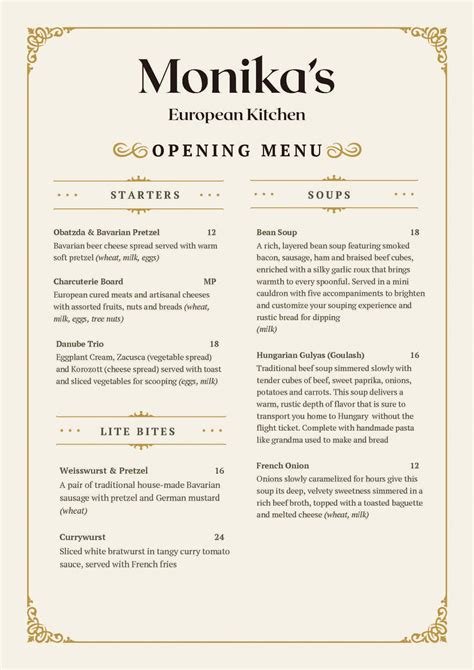 Menu Monikas European Kitchen