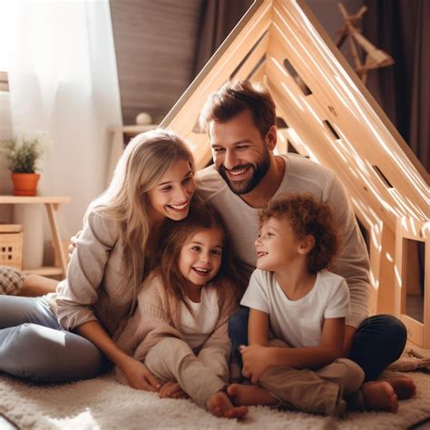 Habitação E Realocação Família Feliz Mãe Pai E Filhos Com Telhado Em