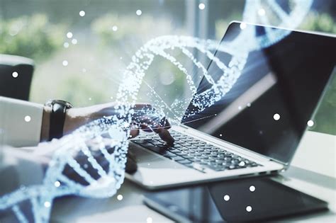 Premium Photo Creative Dna Sketch And Hands Typing On Computer Keyboard On Background