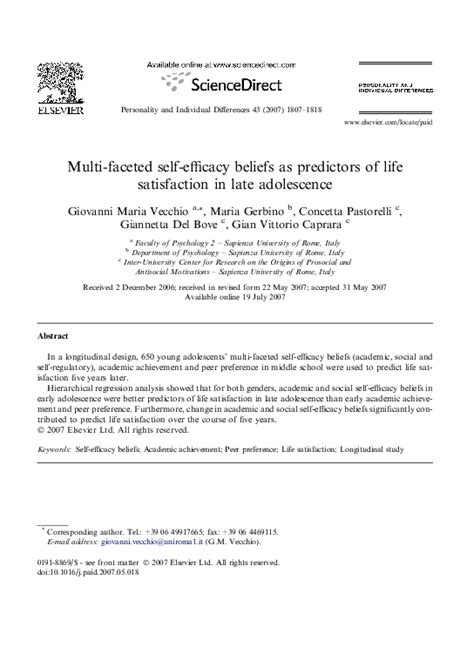 Pdf Multifaceted Self Efficacy Beliefs As Predictors Of Life Satisfaction In Late Adolescence
