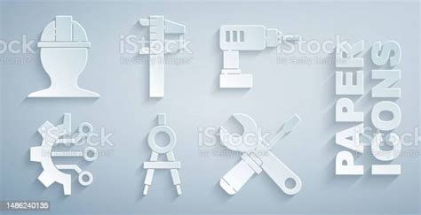 그리기 나침반 전기 드릴 머신 알고리즘 드라이버 및 렌치 스패너 캘리퍼 캘리퍼스 스케일 및 작업자 안전 헬멧 아이콘을 설정합니다