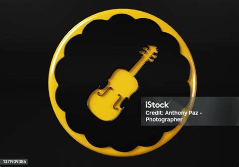 바이올린 미디어 버튼 단추 노란색 프레임과 반사가있는 빛나는 아이콘 검은 배경에 3d 그림 3차원 형태에 대한 스톡 사진 및 기타 이미지 Istock