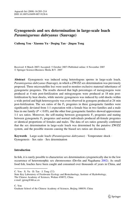 Pdf Gynogenesis And Sex Determination In Large Scale Loach