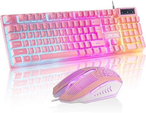 Chonchow Pink Gaming Keyboard And Mouse Combo With Led 104 Keys Wired Light Up