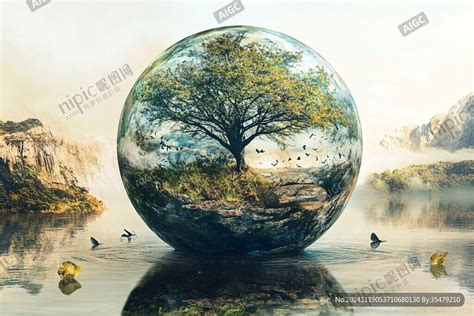 Ai创作图水晶球风景 水晶球中的秋景 水晶球里的世界 巨型玻璃球体 水晶球刷屏稿 写实风景合成 环境概念艺术 意境圆形小品 球里的世界 Cgi