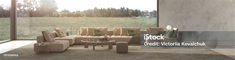 고급 현대 거실 인테리어 베이지 색 톤 대형 창문 및 자연 숲 전망 배경으로 디자인 3d 렌더링 일러스트 웹 배너 모듈성에 대한 스톡 사진 및 기타 이미지 Istock