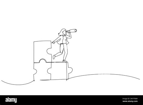 Drawing Of Businesswoman Standing On Uncompleted Jigsaw Looking For Missing Piece Finding