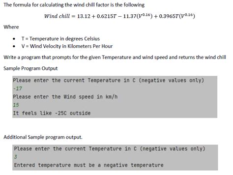 Solved The Formula For Calculating The Wind Chill Factor Is