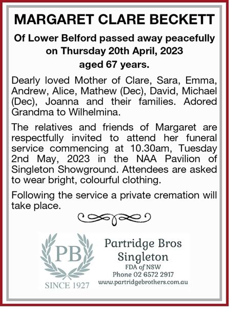Margaret Clare Beckett Tributes The Singleton Argus The Singleton Argus Singleton Nsw