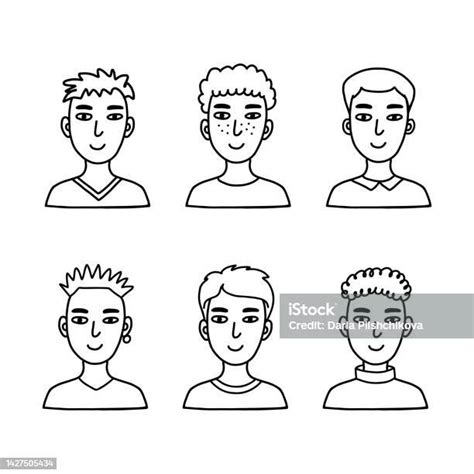 낙서 소년 얼굴 세트 손으로 그린 인간 아바타 컬렉션 흰색 배경에 십대의 초상화 가공의 인물에 대한 스톡 벡터 아트 및 기타