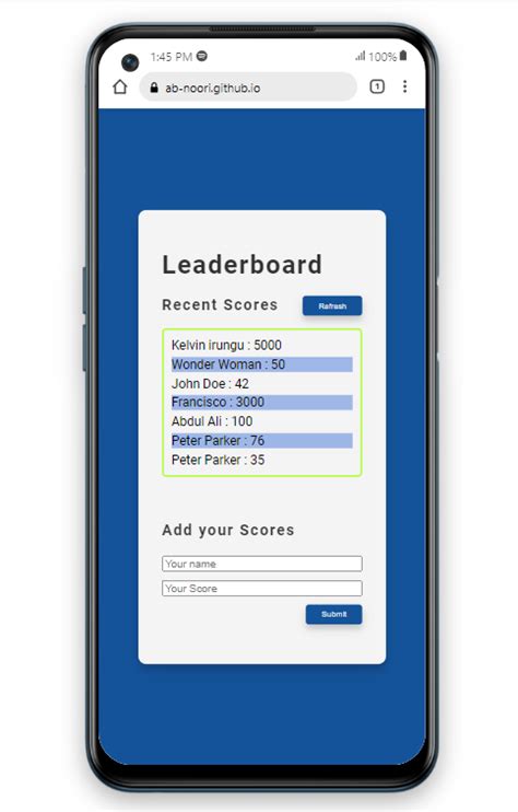 Leaderboard The Leaderboard Website Displays Scores Submitted By Different Players It Also